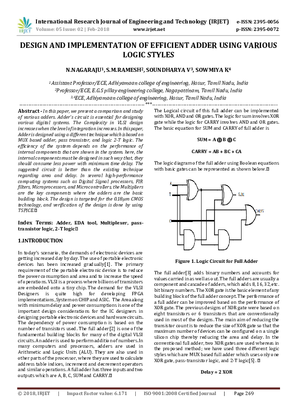 Pdf Design And Implementation Of Efficient Adder Using Various Logic Styles Irjet Journal