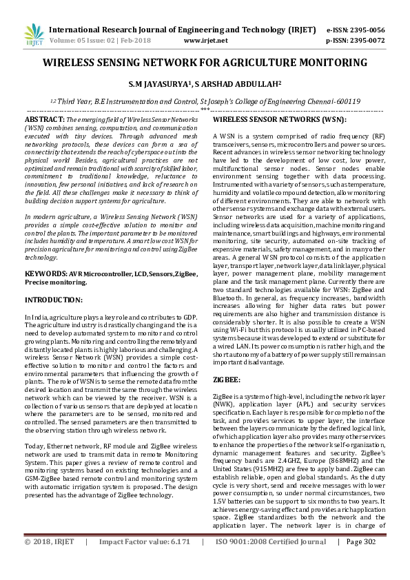 (PDF) WIRELESS SENSING NETWORK FOR AGRICULTURE MONITORING