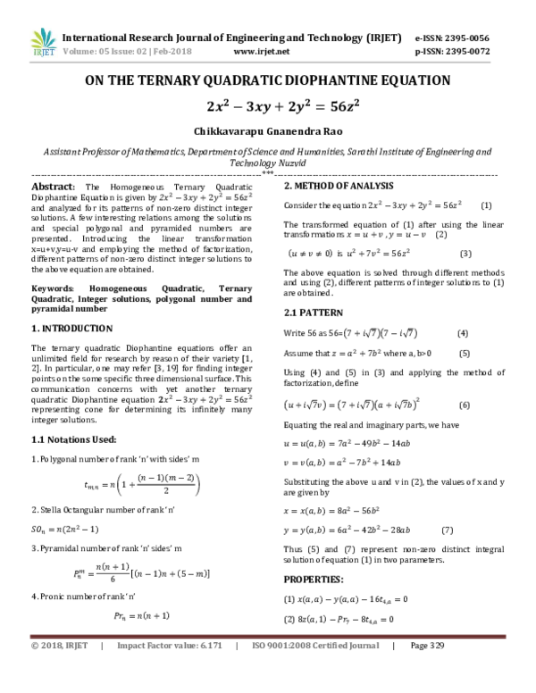 (PDF) ON THE TERNARY QUADRATIC DIOPHANTINE EQUATION