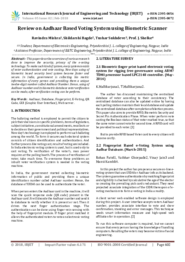 (PDF) Review on Aadhaar Based Voting System using Biometric Scanner