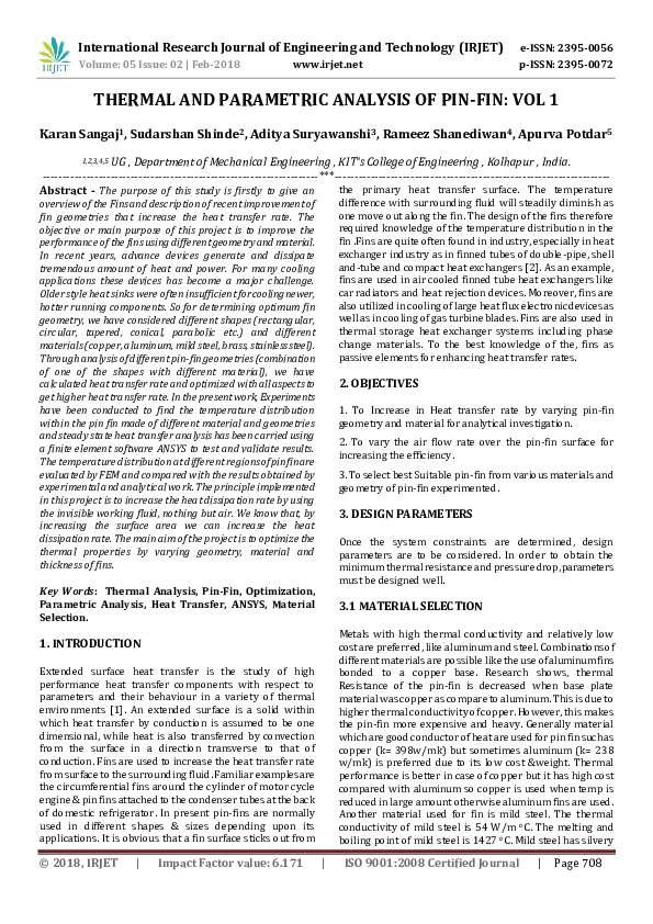 (PDF) THERMAL AND PARAMETRIC ANALYSIS OF PIN-FIN: VOL 1
