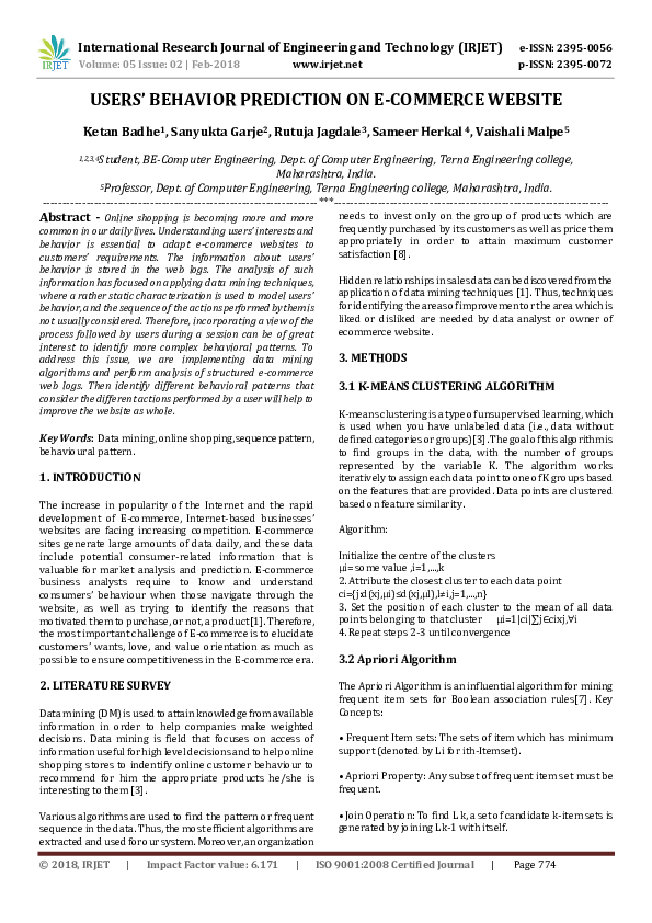 (PDF) USERS' BEHAVIOR PREDICTION ON E-COMMERCE WEBSITE