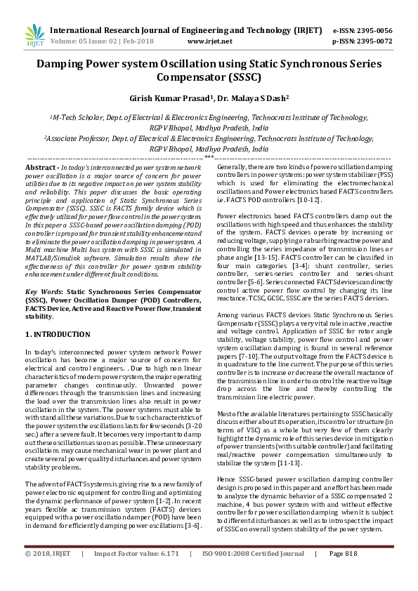 Pdf Damping Power System Oscillation Using Static Synchronous Series