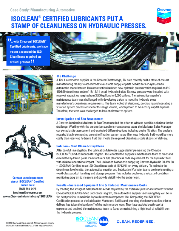 (PDF) ISOCLEAN CERTIFIED LUBRICANTS PUT A STAMP OF CLEANLINESS ON HYDRAULIC PRESSES
