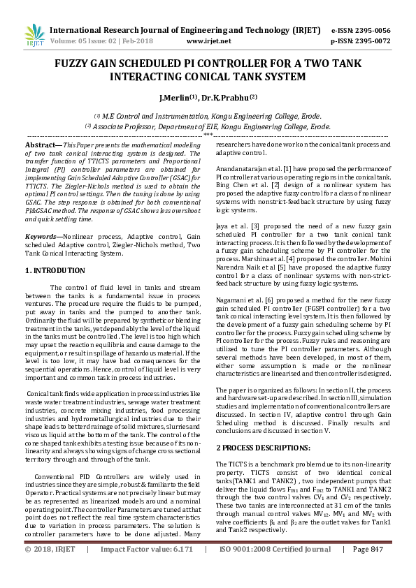 (PDF) FUZZY GAIN SCHEDULED PI CONTROLLER FOR A TWO TANK INTERACTING CONICAL TANK SYSTEM