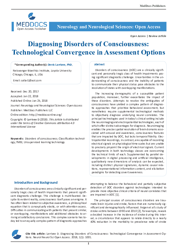 (PDF) Diagnosing Disorders of Consciousness: Technological Convergence ...
