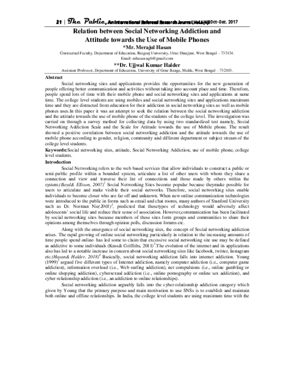 Pdf Relation Between Social Networking Addiction And Attitude Towards