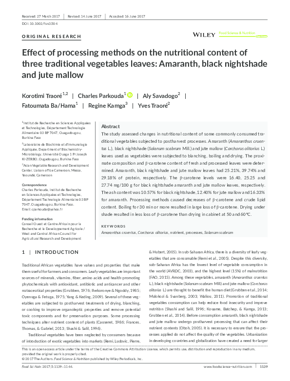 (PDF) Effect of processing methods on the nutritional content of three traditional vegetables ...