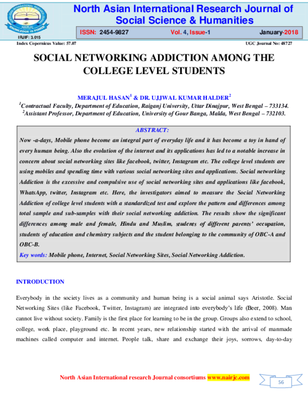 (PDF) Social Networking Addiction among the College Level Students