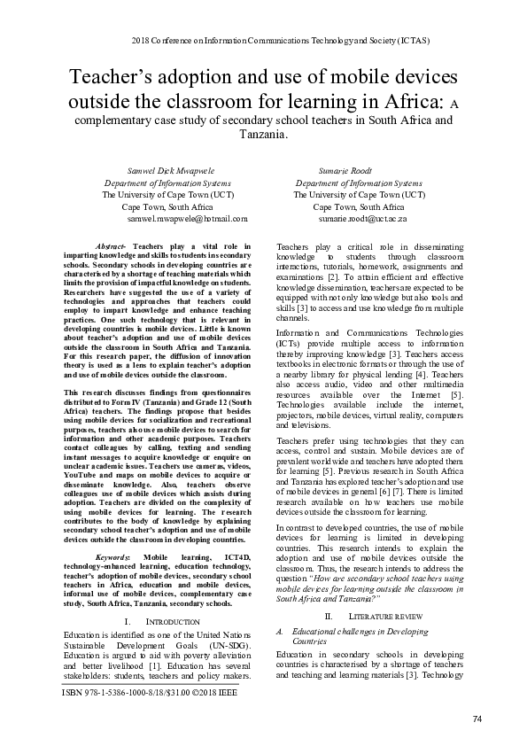 (PDF) Teacher's adoption and use of mobile devices outside the ...