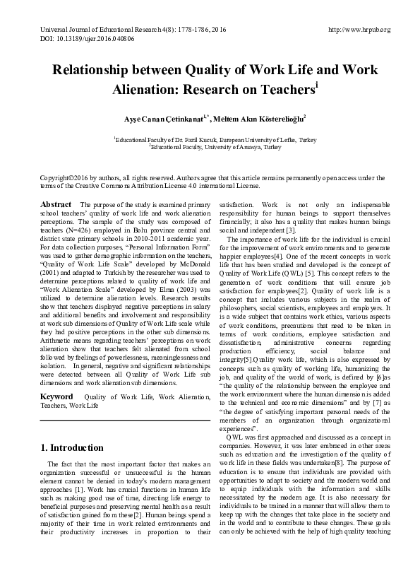(PDF) Relationship between Quality of Work Life and Work Alienation ...