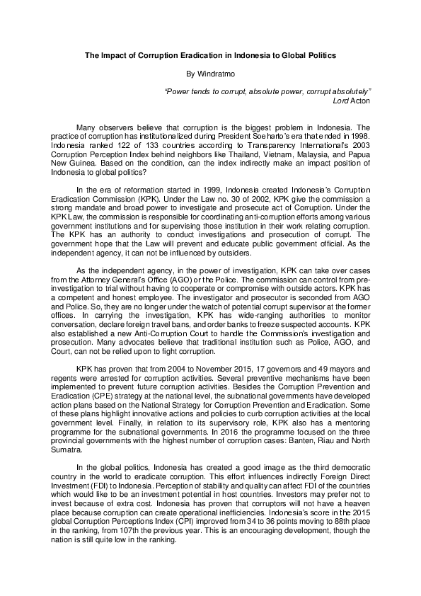 (PDF) The Impact of Corruption Eradication in Indonesia to Global Politics