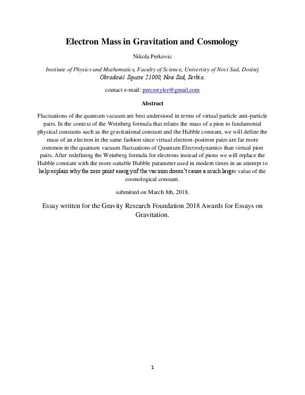 (PDF) Electron Mass in Gravitation and Cosmology