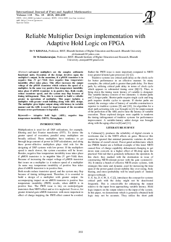 Pdf Reliable Multiplier Design Implementation With Adaptive Hold Logic On Fpga