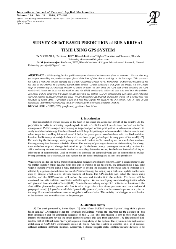 Pdf Survey Of Iot Based Prediction Of Bus Arrival Time Using Gps System