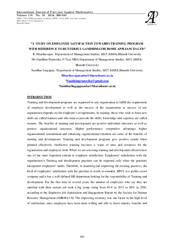 (PDF) " A STUDY ON EMPLOYEE SATISFACTION TOWARDS TRAINING PROGRAM