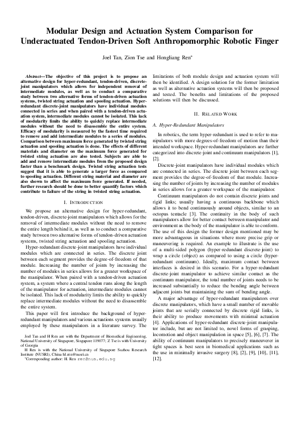 Pdf Modular Design And Actuation System Comparison For Underactuated Tendon Driven Soft