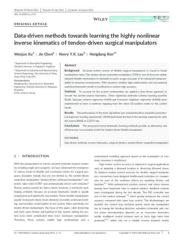 Pdf Data‐driven Methods Towards Learning The Highly Nonlinear Inverse Kinematics Of Tendon