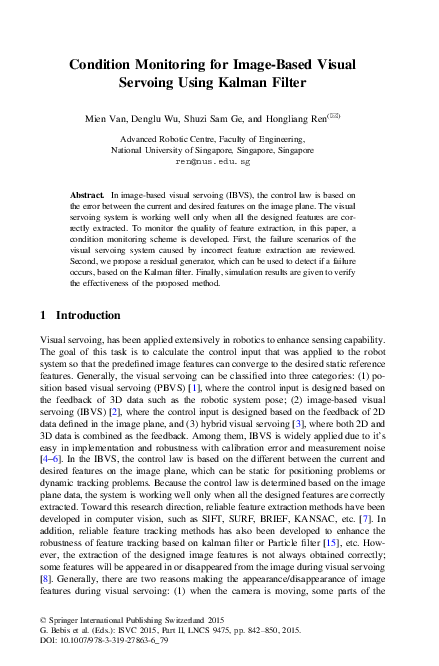Pdf Condition Monitoring For Image Based Visual Servoing Using Kalman