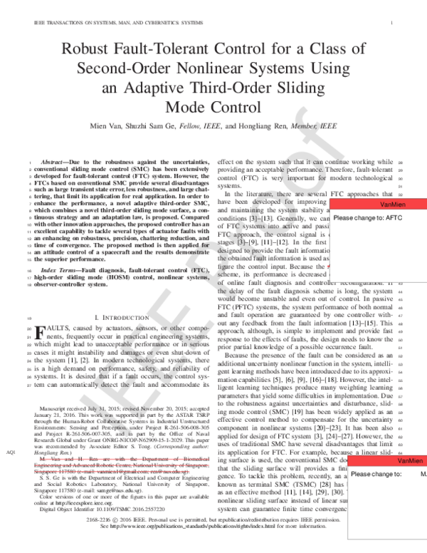 Pdf Robust Fault Tolerant Control For A Class Of Second Order Nonlinear Systems Using An