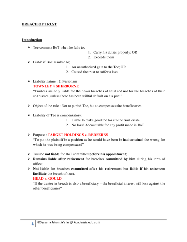 (DOC) BREACH OF TRUST [SIMPLIFIED NOTES]