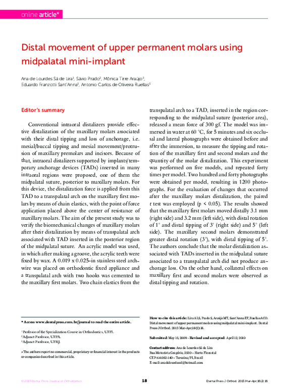(PDF) Distal movement of upper permanent molars using midpalatal mini ...