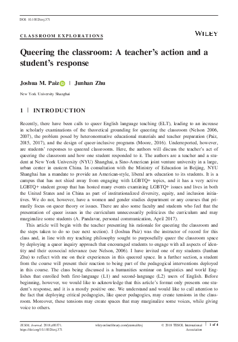 (PDF) Queering the classroom: A teacher's action and a student's response
