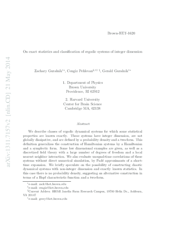 Pdf On Exact Statistics And Classification Of Ergodic Systems Of Integer Dimension
