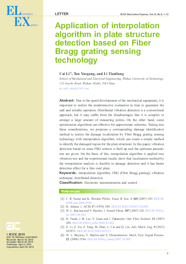 Pdf Application Of Interpolation Algorithm In Plate Structure Detection Based On Fiber Bragg