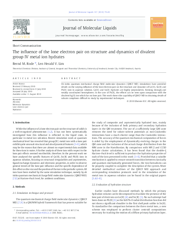 (PDF) The influence of the lone electron pair on structure and dynamics of divalent group IV ...