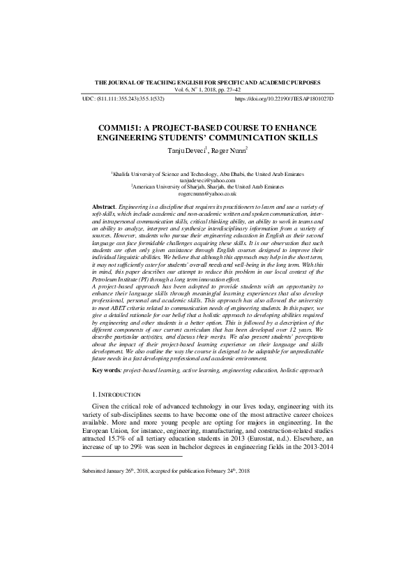 (PDF) COMM151: A project-based course to enhance engineering students ...