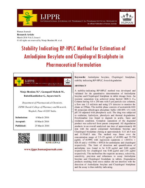 (PDF) Stability Indicating RP-HPLC Method for Estimation of Amlodipine Besylate and Clopidogrel ...