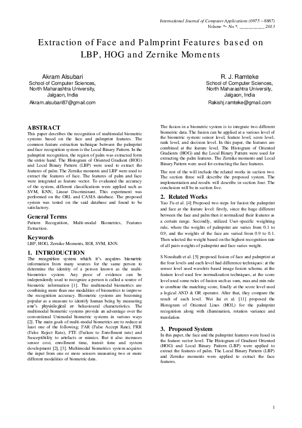 (PDF) Extraction of Face and Palmprint Features based on LBP, HOG and Zernike Moments
