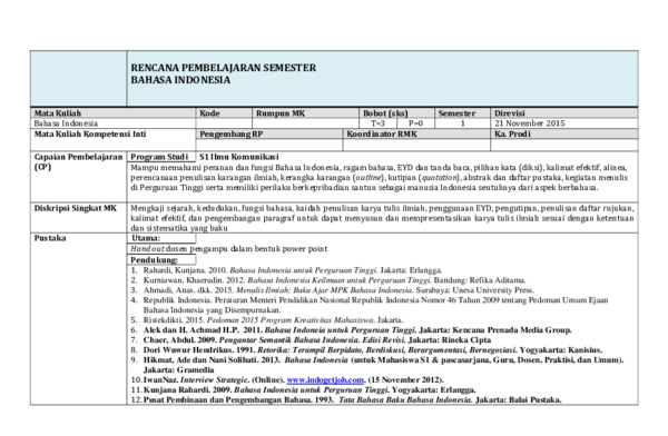 (DOC) RENCANA PEMBELAJARAN SEMESTER BAHASA INDONESIA