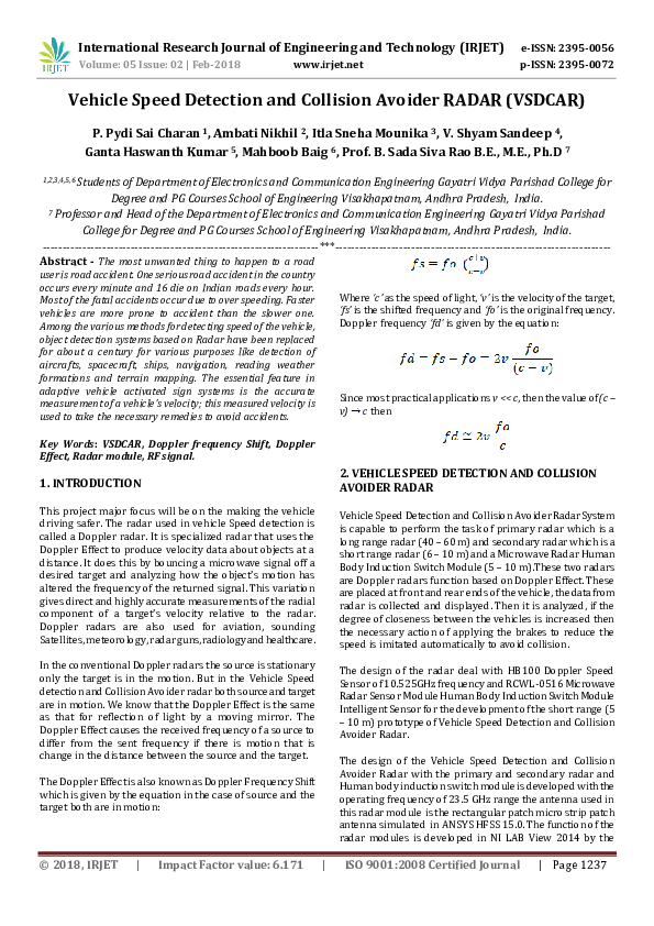 (PDF) Vehicle Speed Detection and Collision Avoider RADAR (VSDCAR