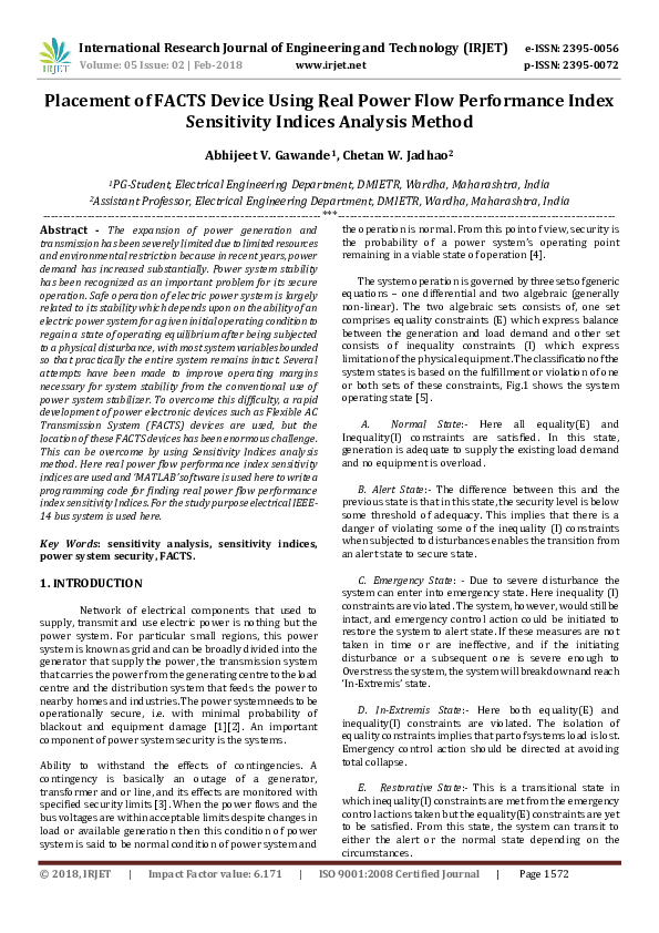 (PDF) Placement of FACTS Device Using Real Power Flow Performance Index Sensitivity Indices ...