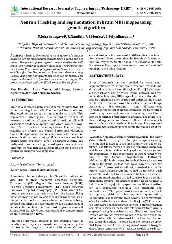 Pdf Neuron Tracking And Segmentation In Brain Mri Images Using Genetic Algorithm