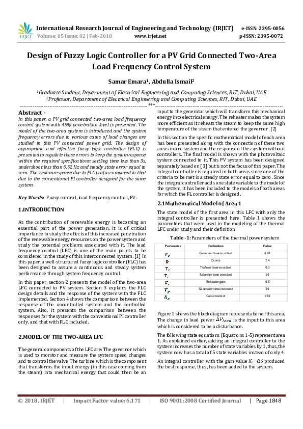 Pdf Design Of Fuzzy Logic Controller For A Pv Grid Connected Two Area Load Frequency Control