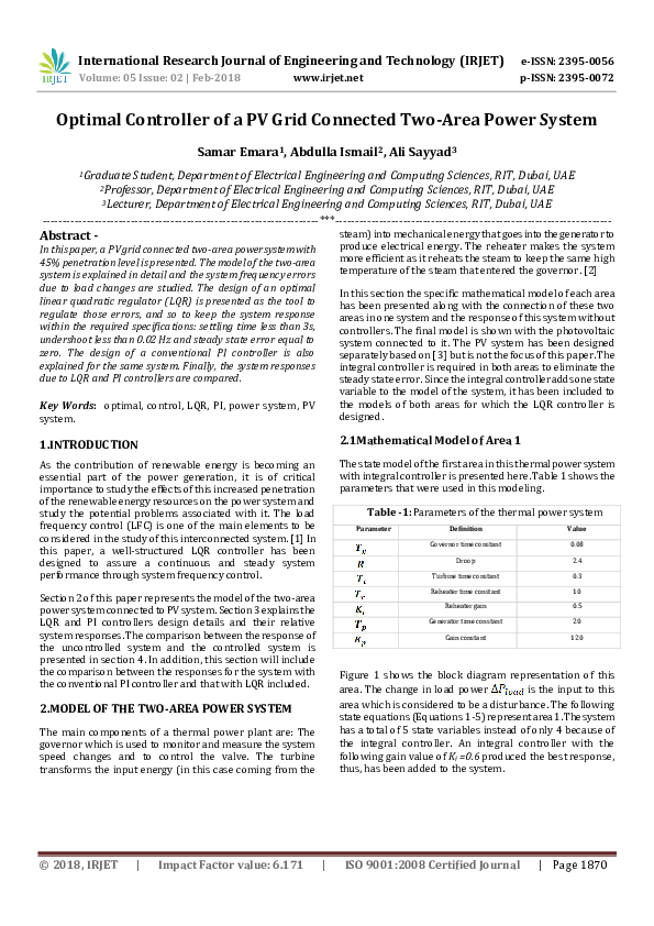 Pdf Optimal Controller Of A Pv Grid Connected Two Area Power System
