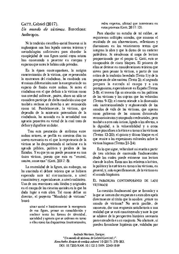 (PDF) Reseña: Un mundo de víctimas (Gabriel Gatti ed.)