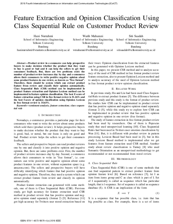 (PDF) Feature Extraction and Opinion Classification Using Class Sequential Rule on Customer ...