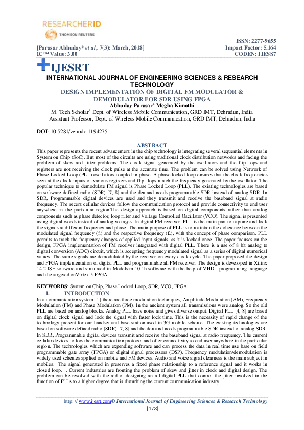 Pdf Design Implementation Of Digital Fm Modulator And Demodulator For Sdr Using Fpga