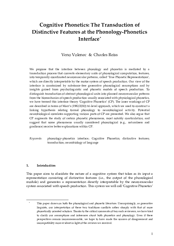(PDF) Cognitive Phonetics: The Transduction of Distinctive Features at ...