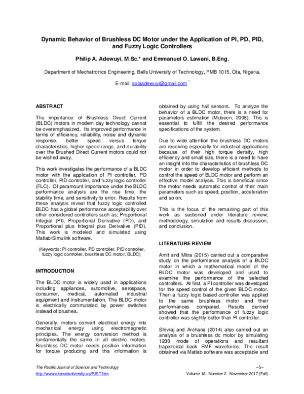 Pdf Dynamic Behavior Of Brushless Dc Motor Under The Application Of Pi Pd Pid And Fuzzy