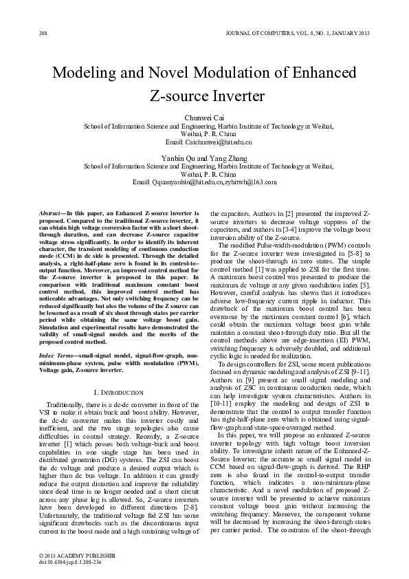 Pdf Modeling And Novel Modulation Of Enhanced Z Source Inverter
