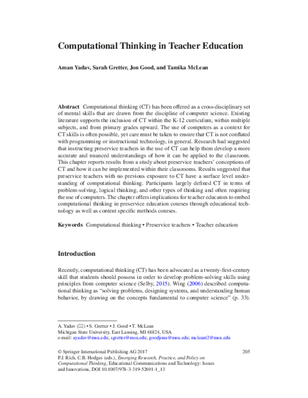 Pdf Computational Thinking In Teacher Education