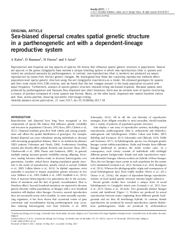 Pdf Sex Biased Dispersal Creates Spatial Genetic Structure In A Parthenogenetic Ant With A