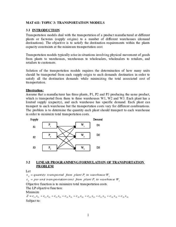 (DOC) MAT 611: TOPIC 3: TRANSPORTATION MODELS