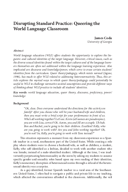(PDF) Disrupting Standard Practice: Queering the World Language Classroom
