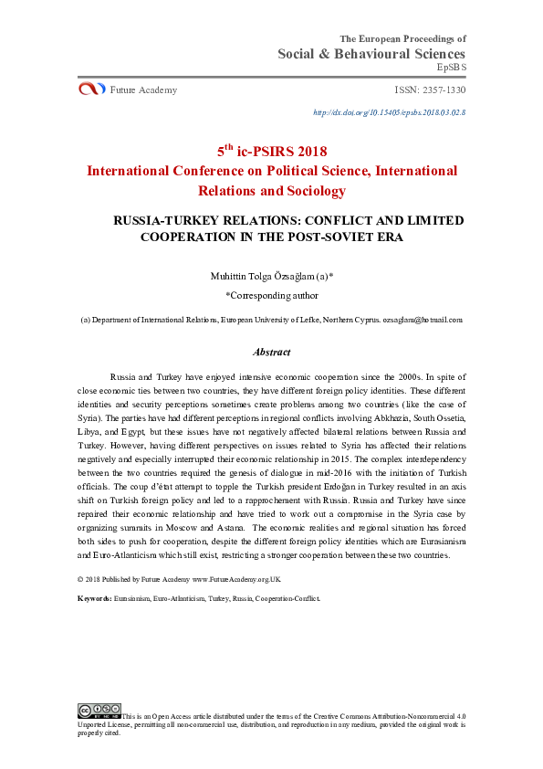 (PDF) RUSSIA-TURKEY RELATIONS: CONFLICT AND LIMITED COOPERATION IN THE ...
